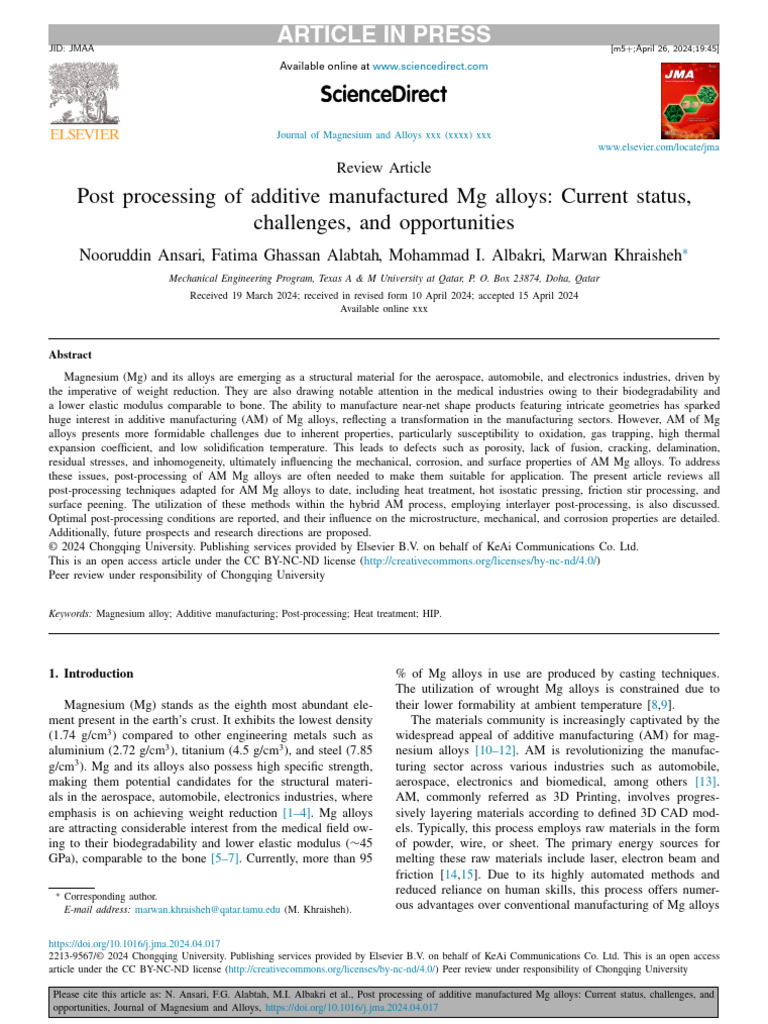 AM Mg Alloys: Post-Processing Review | PDF | Magnesium | Heat Treating