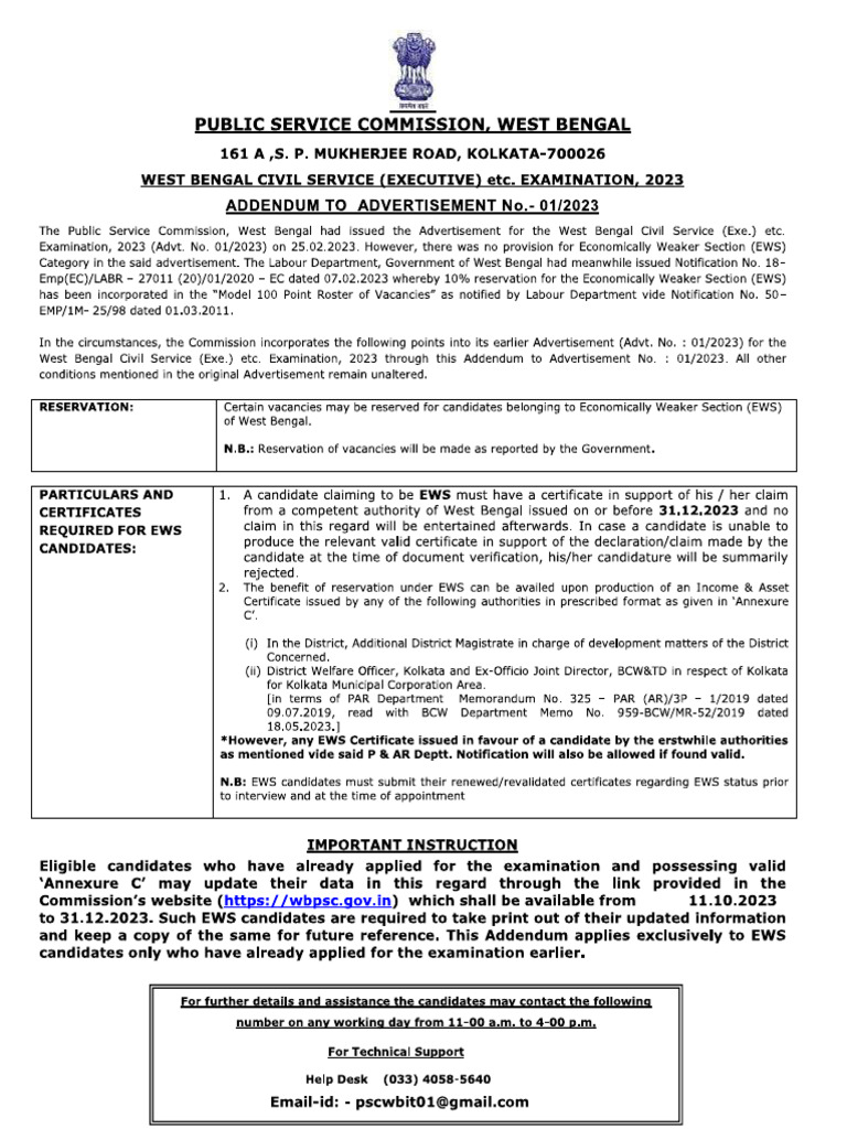 WBCS EWS Notification | PDF