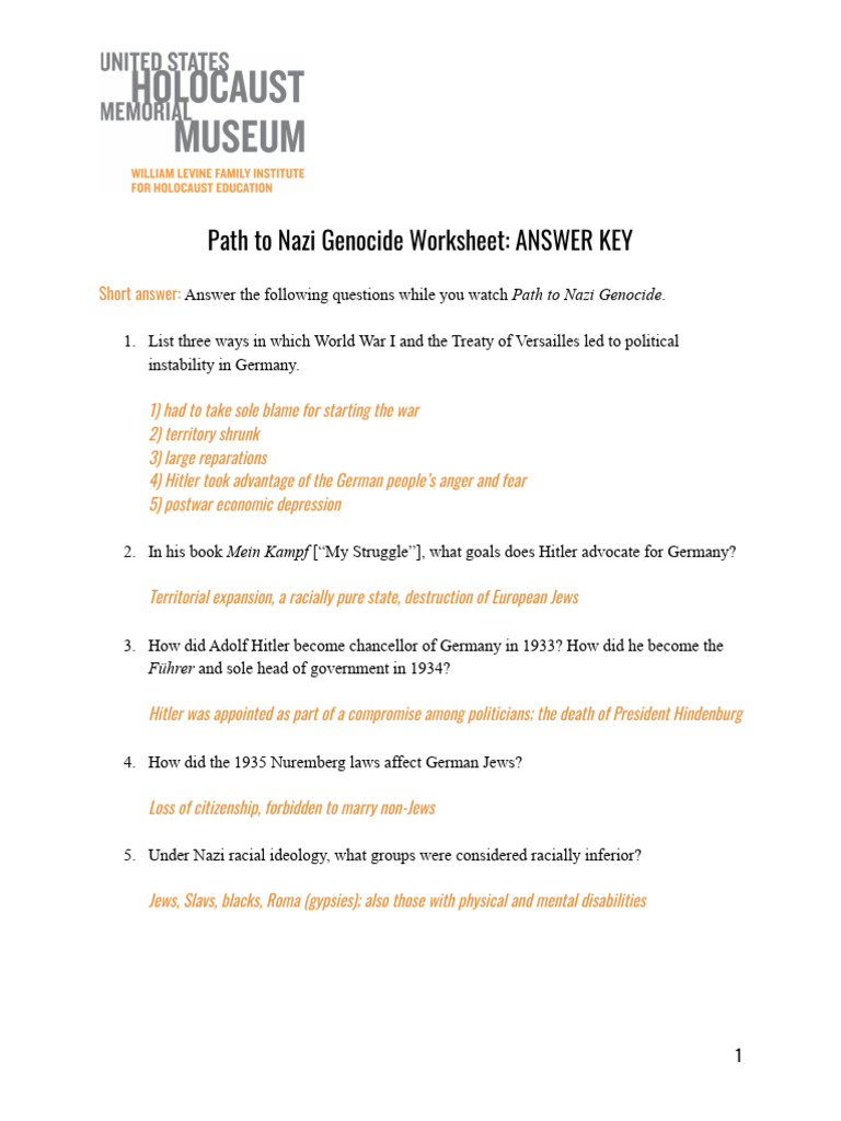 USHMM Path To Nazi Genocide WS Answer - Key | PDF | Nazi Germany | The ...