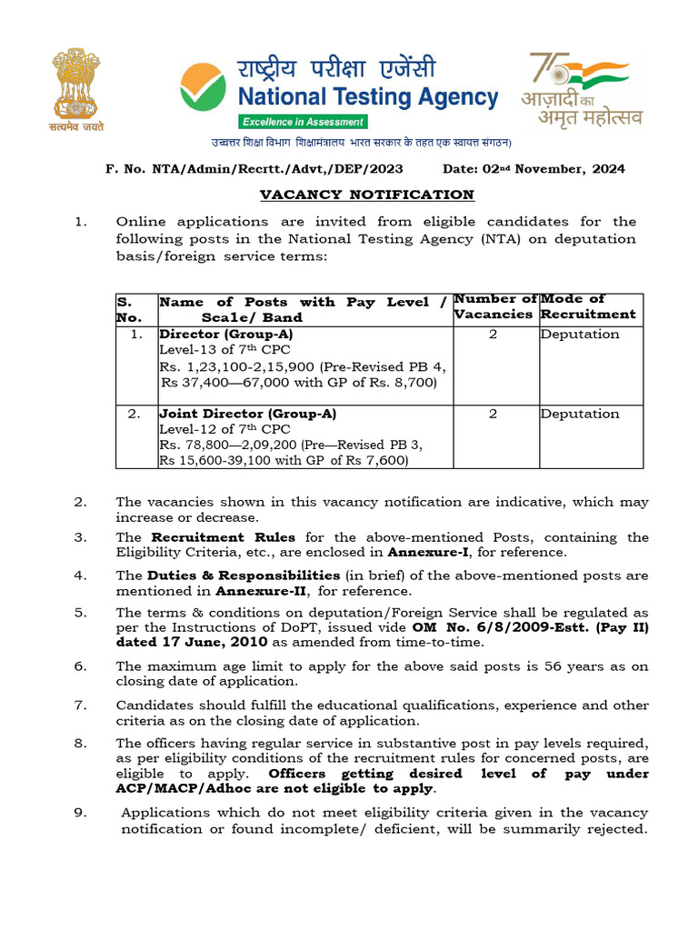 NTA Director & Joint Director Vacancies 2024 | PDF