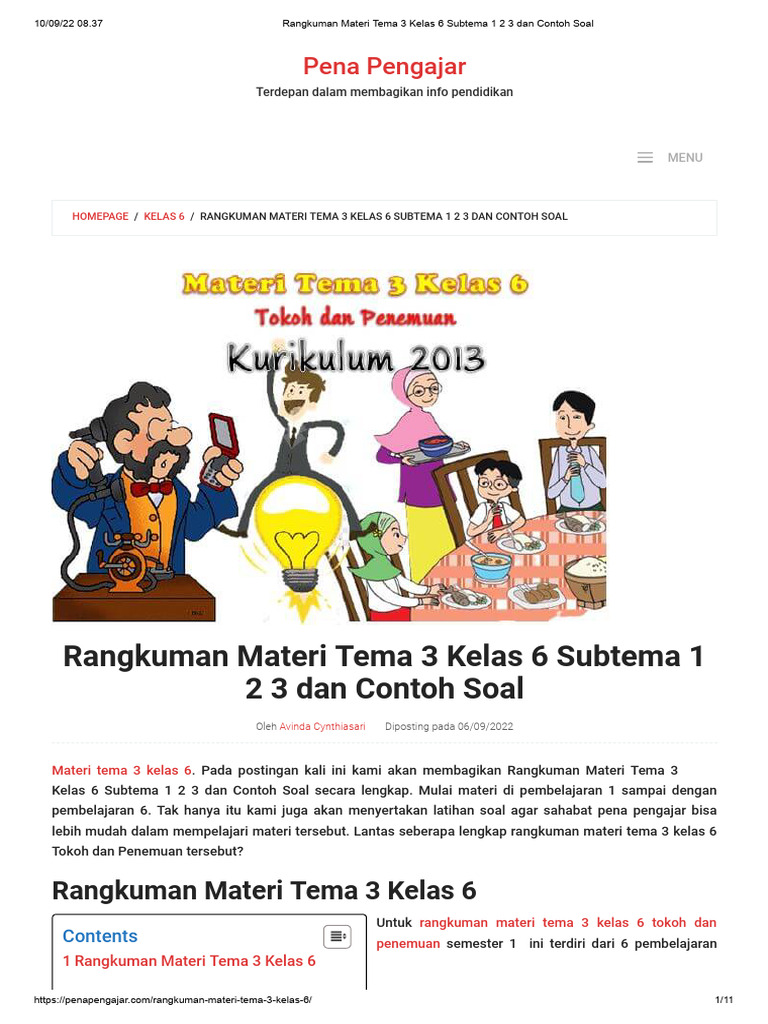 Rangkuman Materi Tema 3 Kelas 6 Subtema 1 2 3 Dan Contoh Soal | PDF