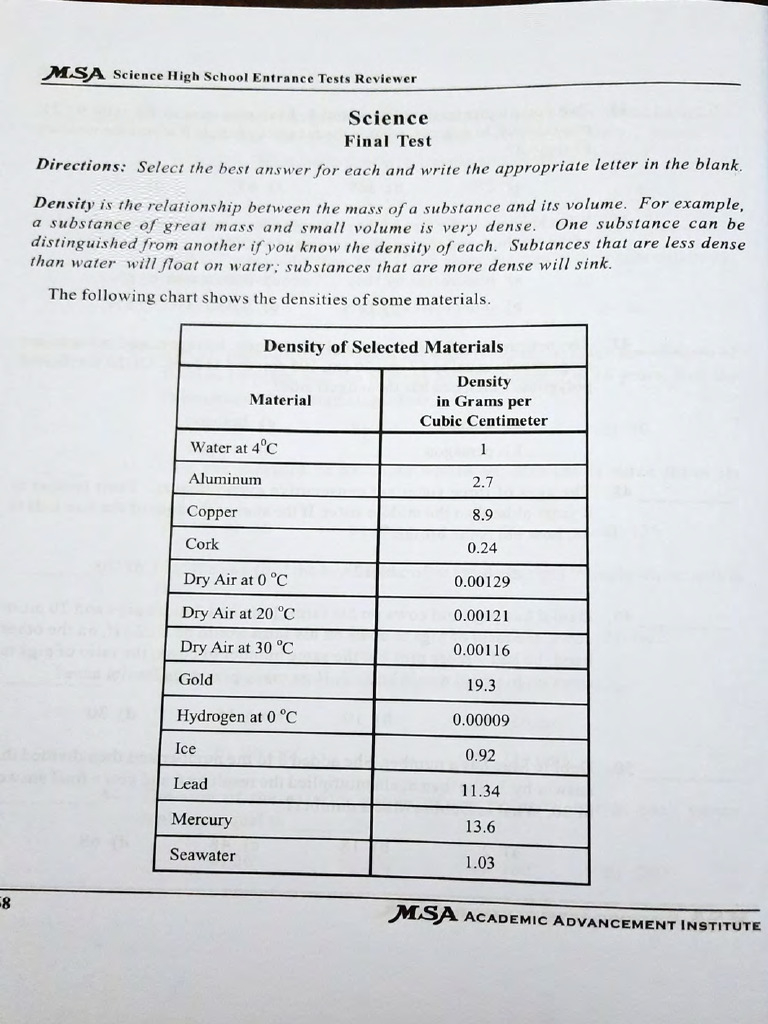 Science Final Test MSA Science High School Entrance Test Reviewer ...