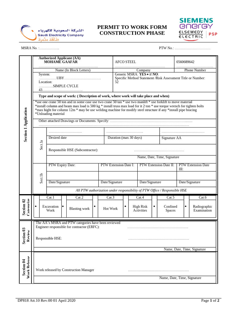 DP818 Att.10 Permit to Work Form Construction Phase | PDF | Mechanical Engineering