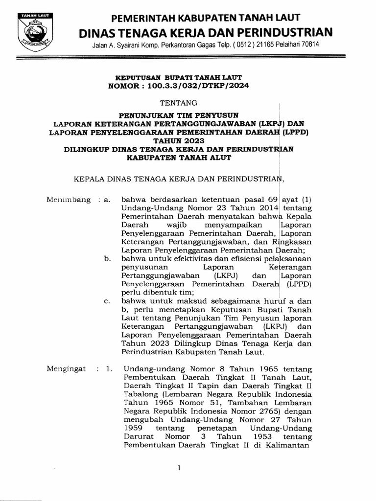 Surat Keputusan (SK) Kepala Dinas Tentang Penunjukkan Tim Penyusun LKPJ Dan LPPD 2024 | PDF