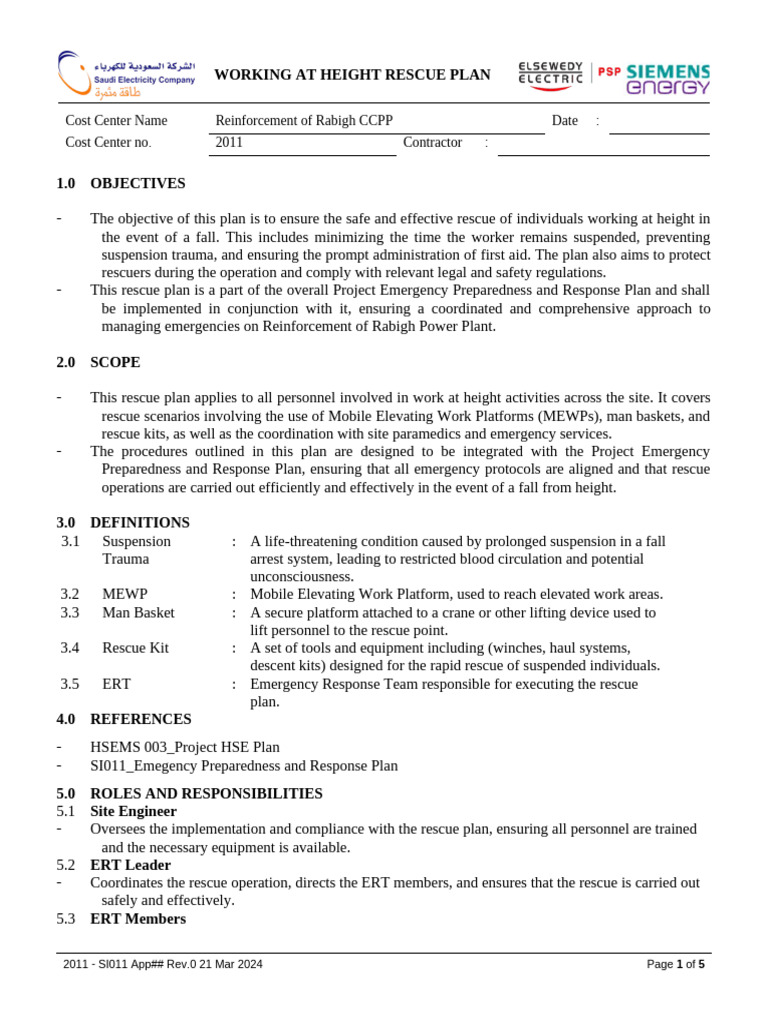 SI011 App.01_Working at Height Rescue Plan | PDF | First Aid ...