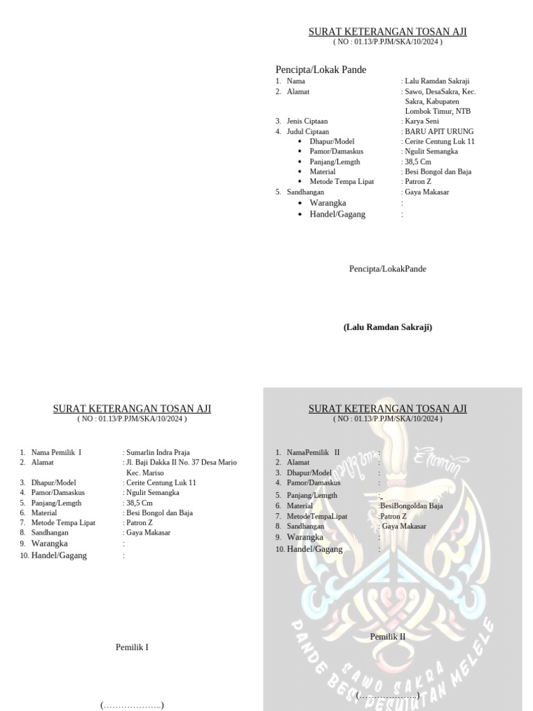 Surat Keterangan Tosan Aji 2 | PDF