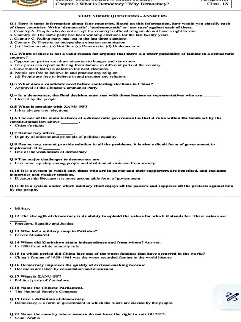 What Is Democracy Why Democracy Work Sheet | PDF | Democracy ...