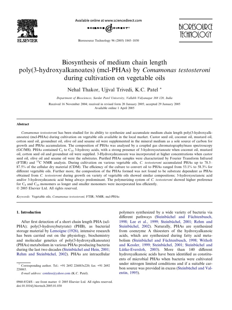 Biosynthesis of Medium Chain Length Poly (3-Hydroxyalkanoates) (mcl ...