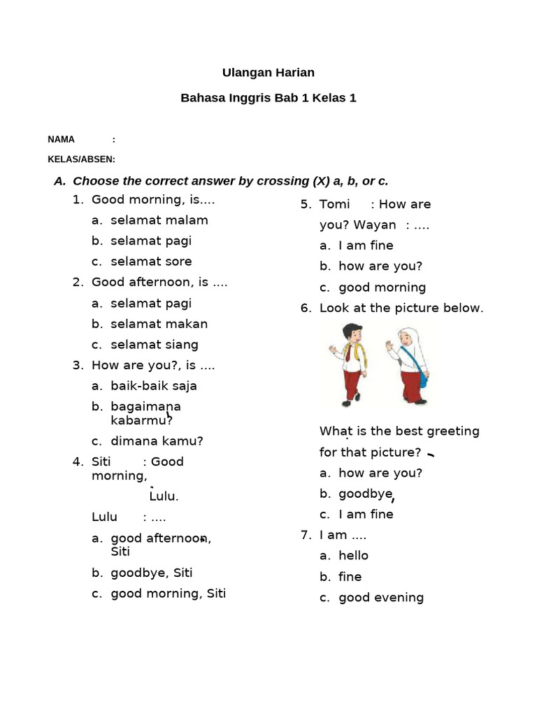 Ulangan Bahasa Inggris Kelas 1 | PDF | Foreign Language Studies