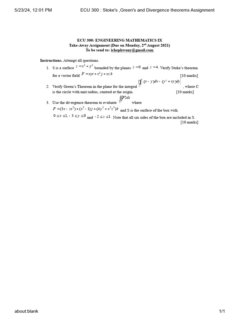 Ecu 300 Divergence Theorem Assignment Pdf 1240