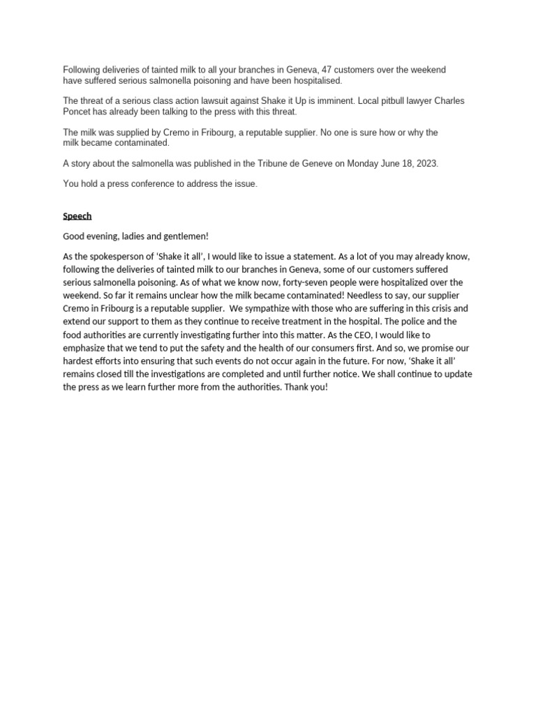 Crisis Management Speech on Tainted Milk | PDF | Social Science | Wellness