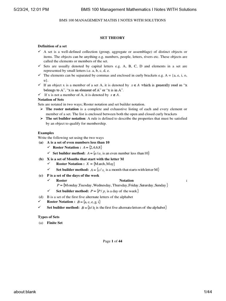 BMS 100 Management Mathematics I Notes WITH Solutions | PDF | Set ...
