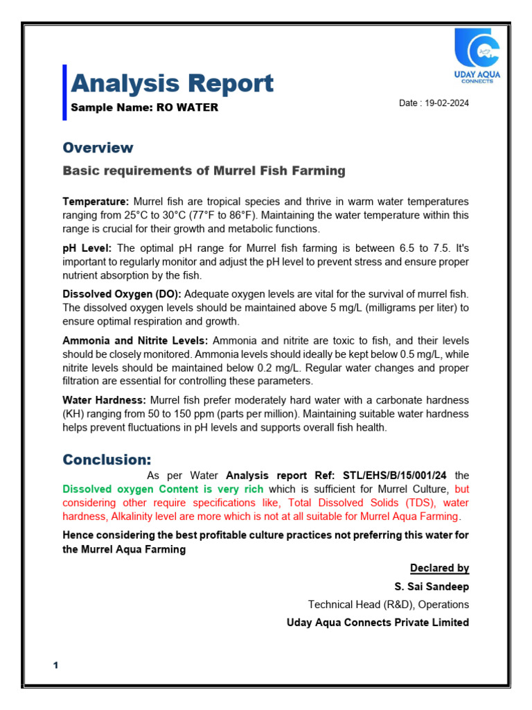 Water Analysis Report (RO) | PDF