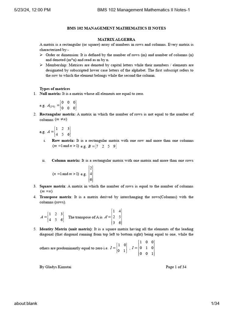 BMS 102 Management Mathematics II Notes-1 | PDF | Matrix (Mathematics ...