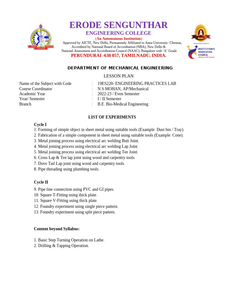 EPL Lesson Plan 2022-23 Even | PDF | Welding | Construction