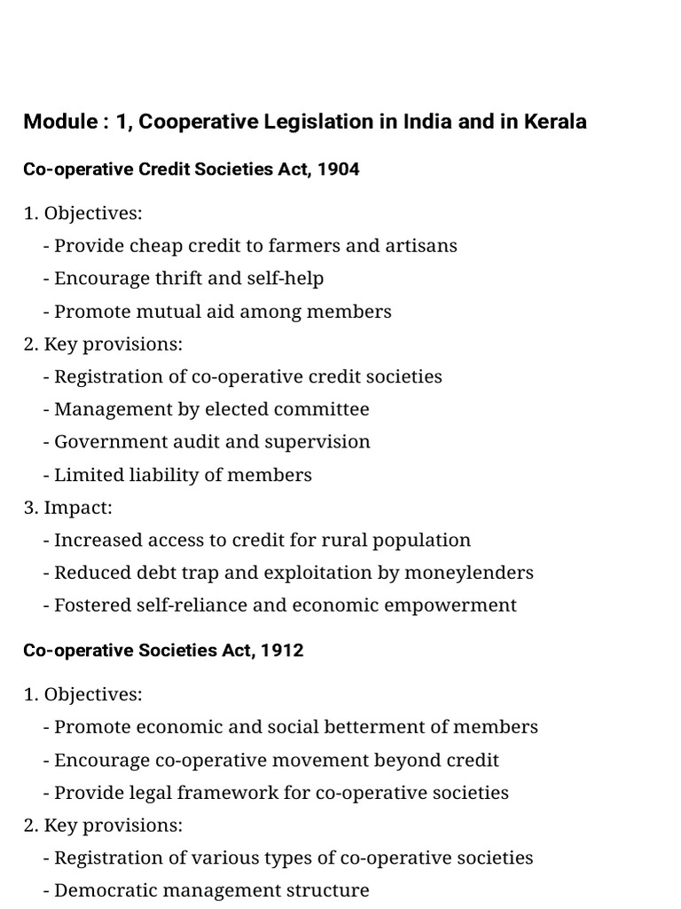 Module 1, Cooperative Legislation in India and in Kerala | PDF | Cooperative | Governance