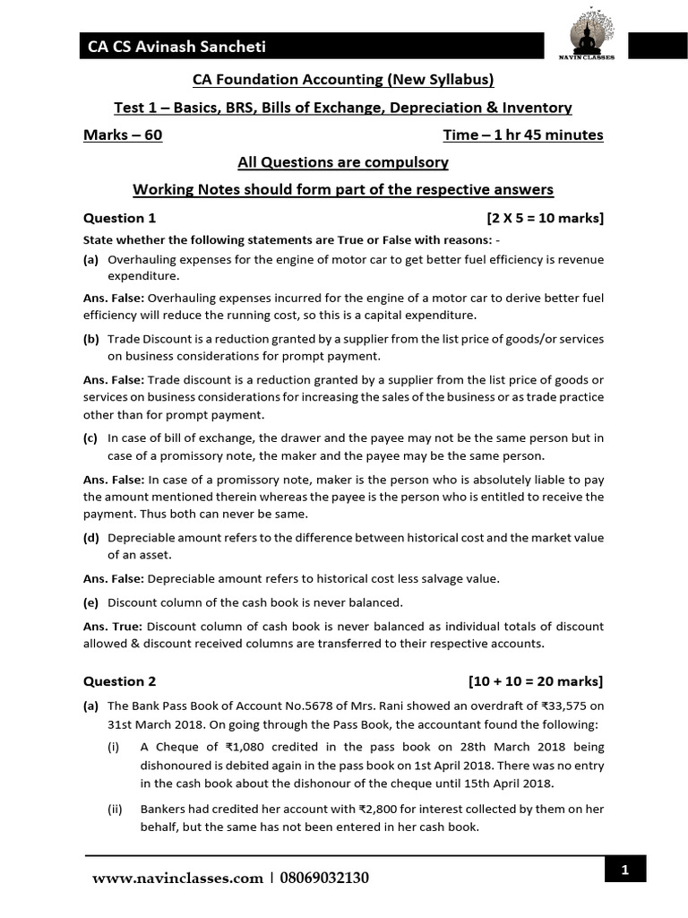Accounts Test 1 Answers | PDF | Expense | Depreciation