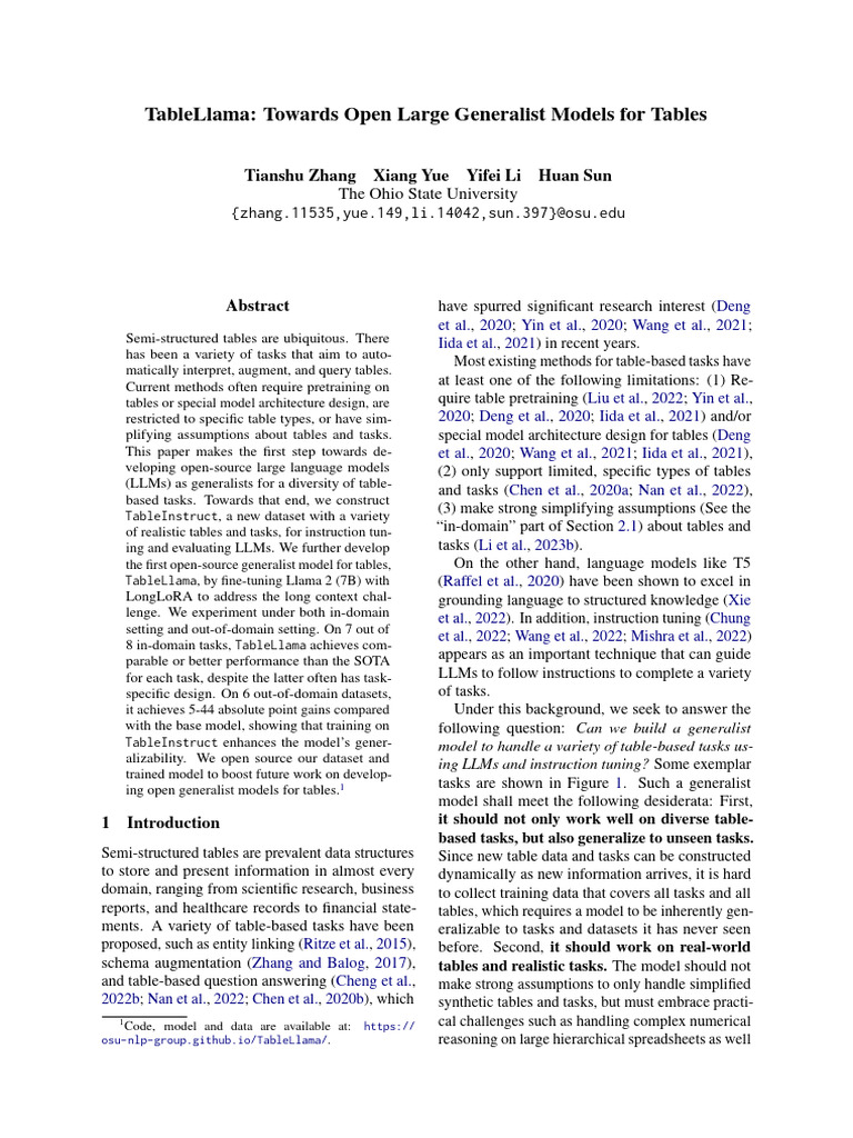 TableLlama Towards Open Large Generalist Models For Tables | PDF ...