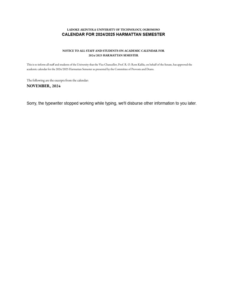 Academic Calendar For 2024-2025 Harmattan Semester | PDF