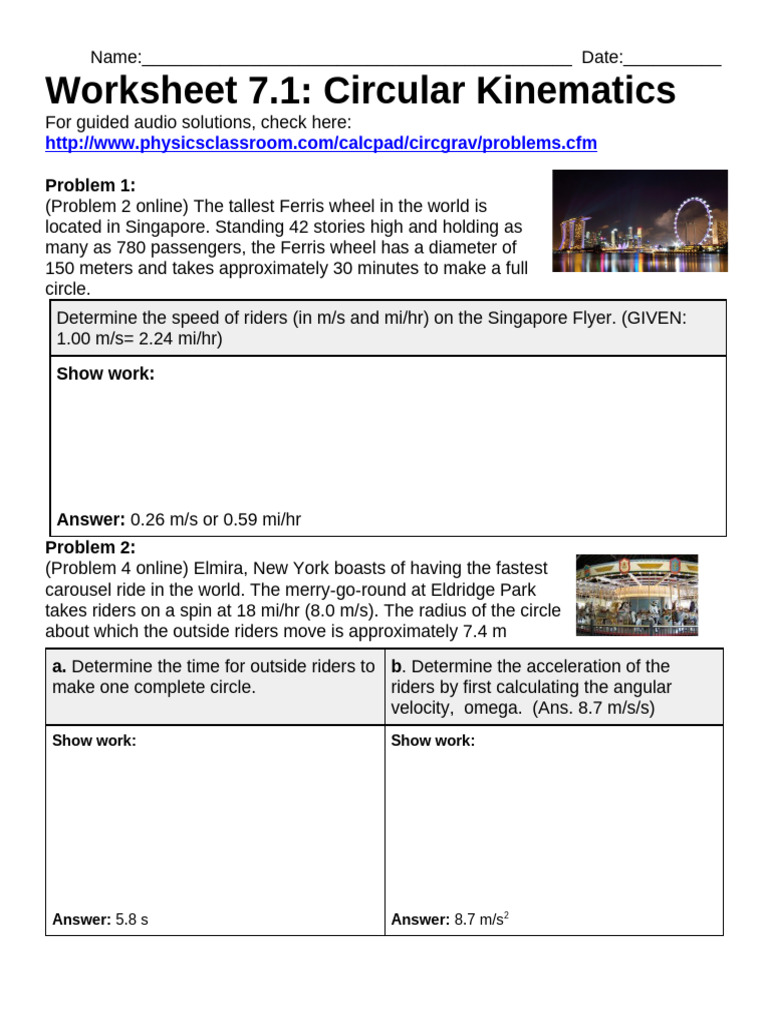 Circular Kinematics Worksheet | PDF | Acceleration | Kinematics