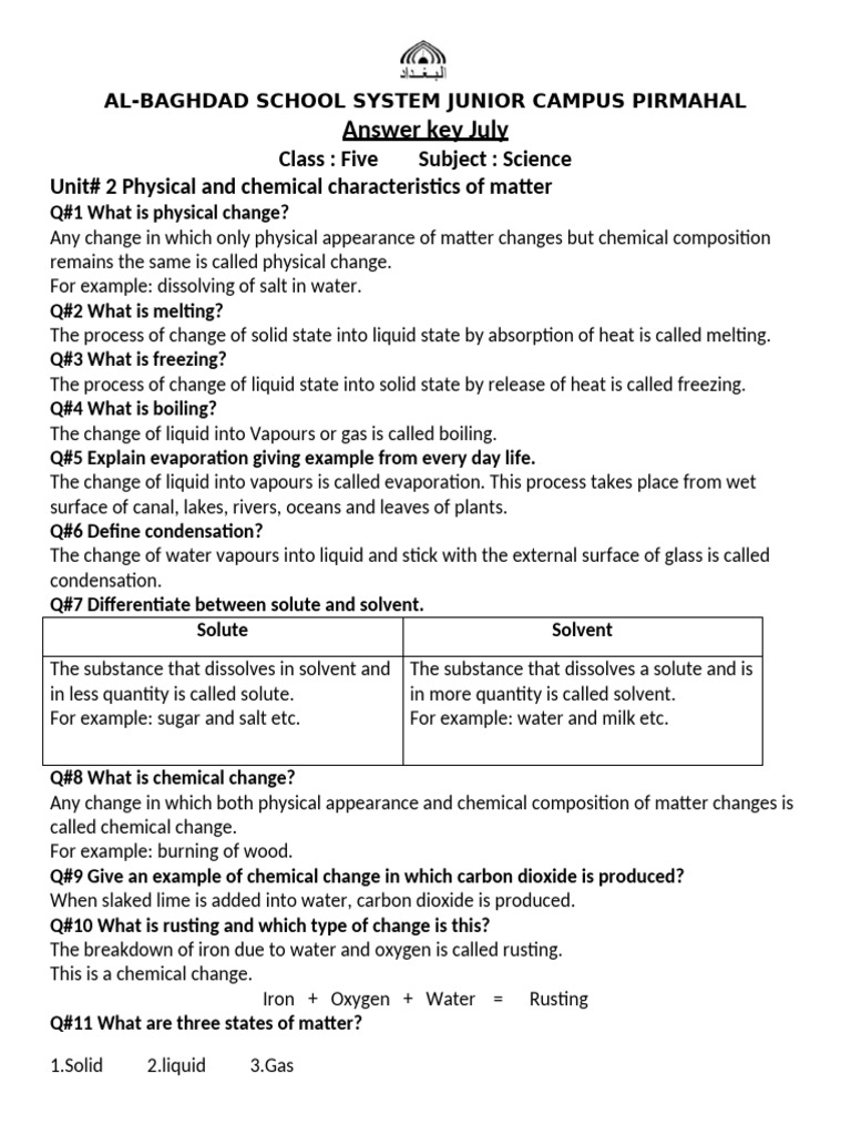 Class 5 Science Key | PDF