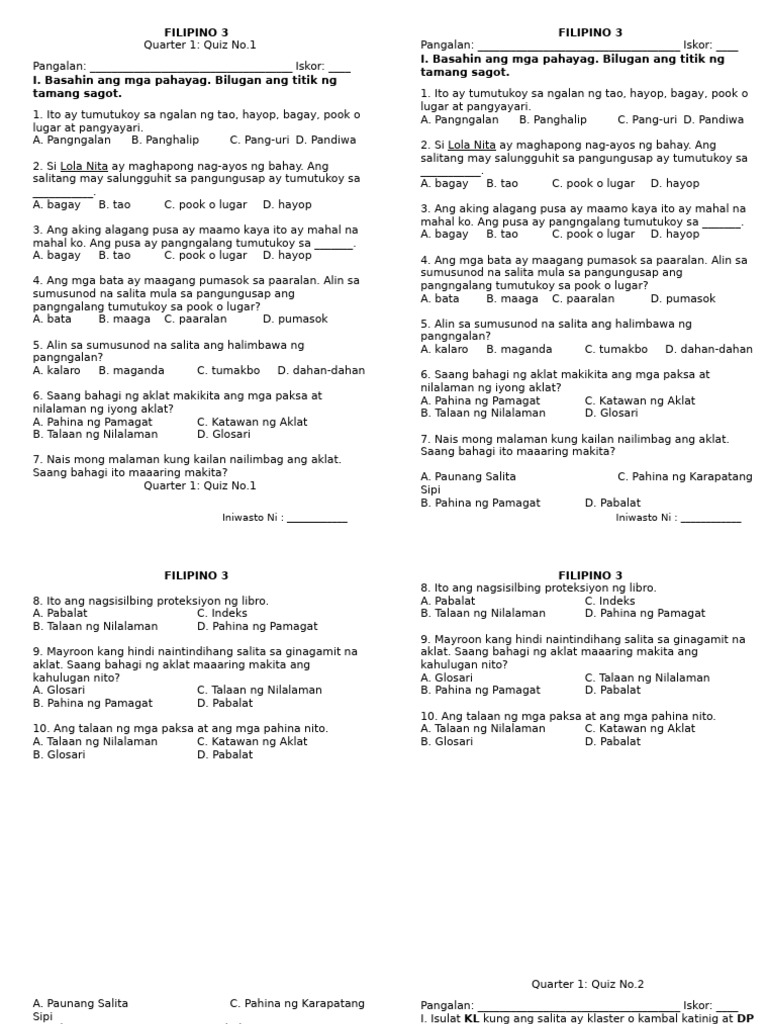 FILIPINO 3 Summative Test Q1 | PDF