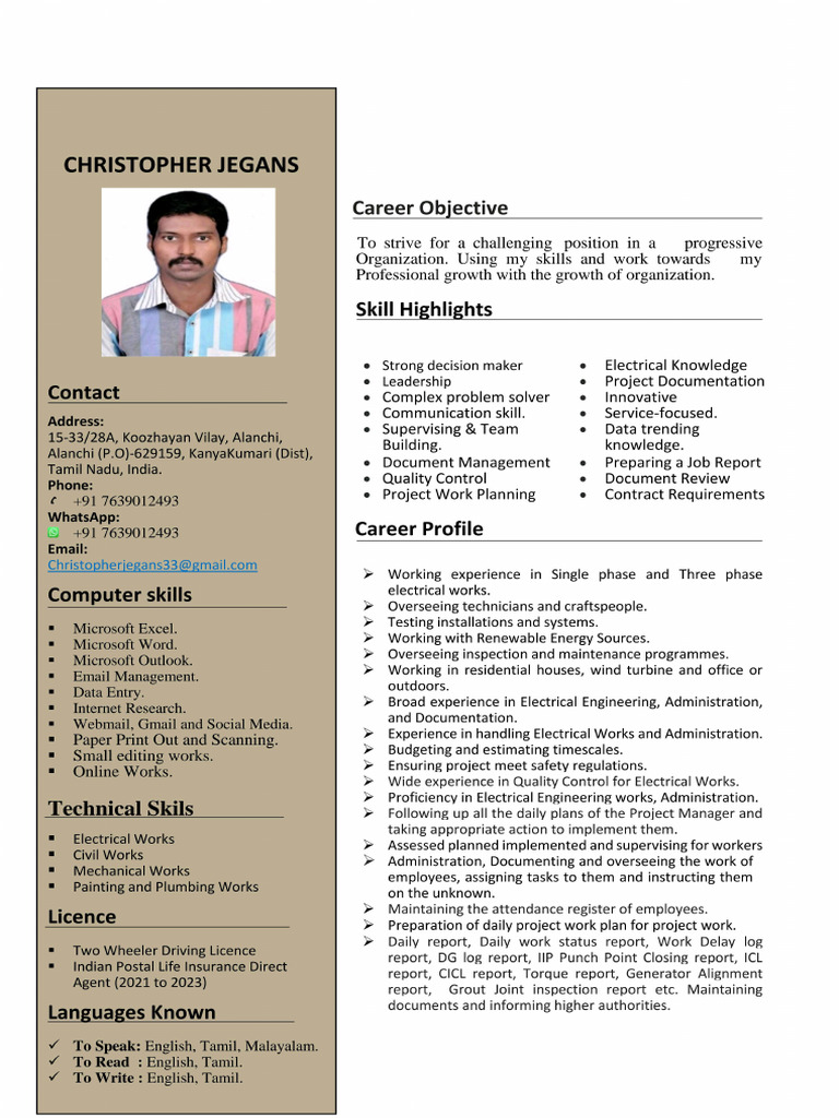 Electrical Engineer (Auto Cad) - Christopher Jegans-Resume | PDF