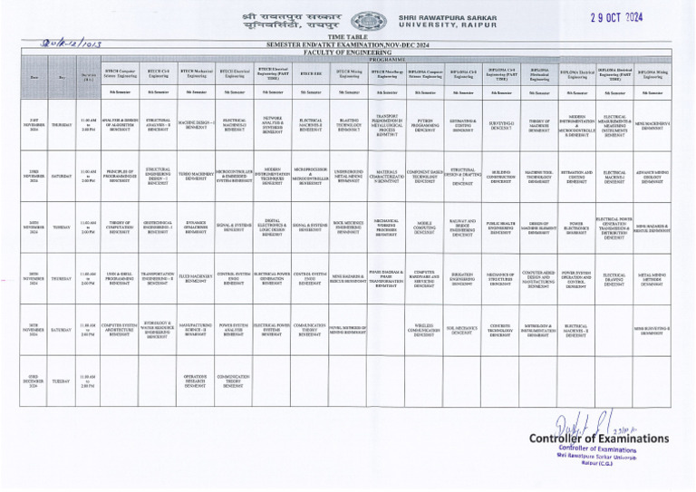Engg Ug 5th Time Table Nov-Dec 24 Exams | PDF