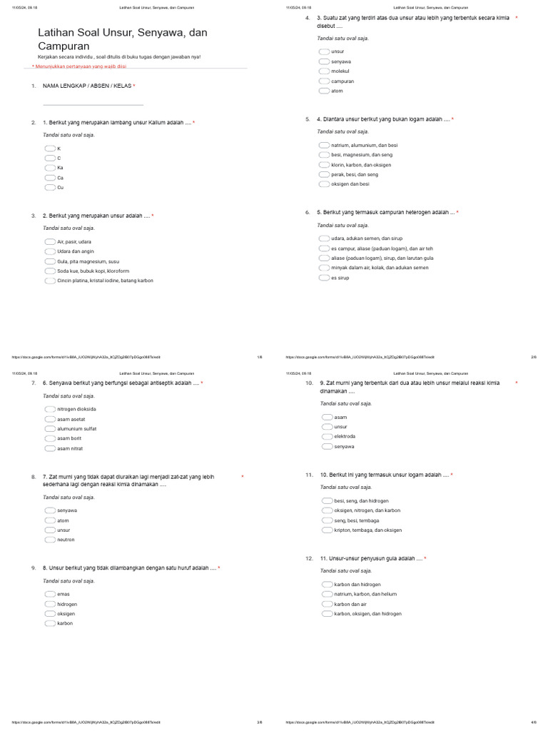 1lat - Soal Unsur Senyawa Campuran - Google Formulir | PDF
