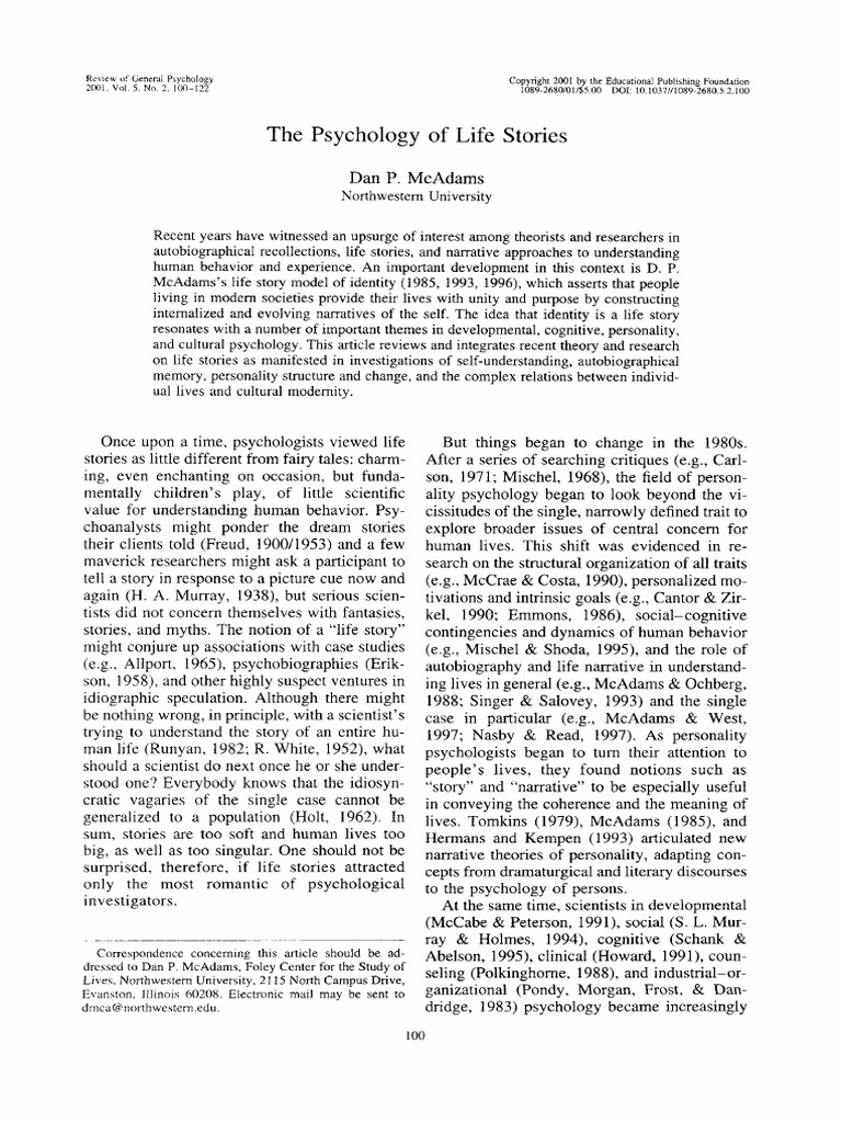 McAdams Life Stories 2001 (PDF - Ai) | PDF | Identity (Social Science ...