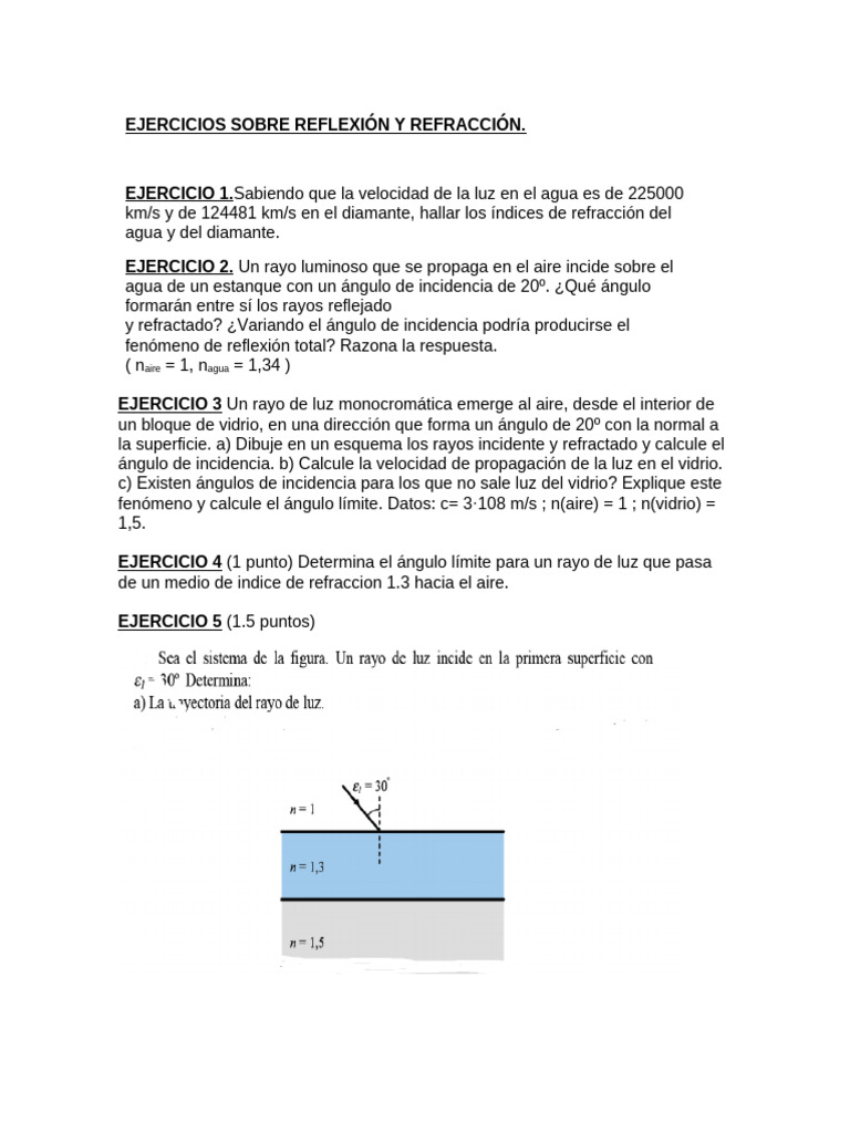 EJERCICIOS SOBRE REFLEXIÓN Y REFRACCIÓN | PDF