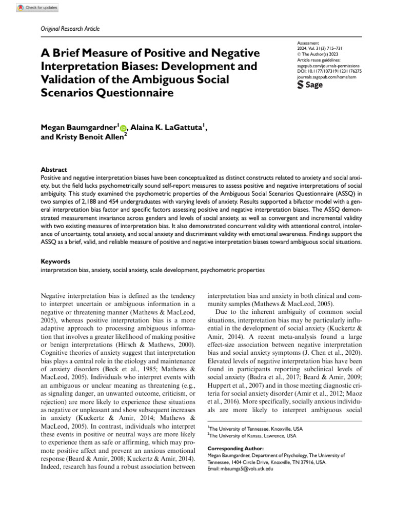 Baumgardner Et Al 2023 A Brief Measure of Positive and Negative Interpretation Biases ...