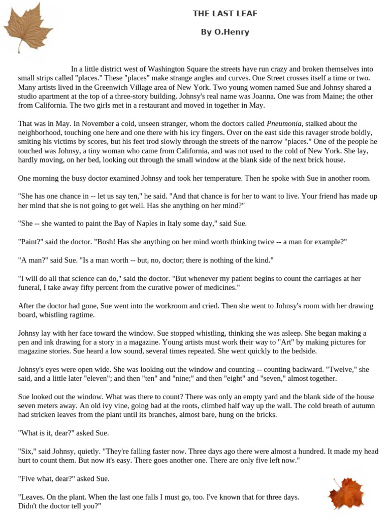 Behrman's Masterpiece: The Last Leaf | PDF | Mystery, Thriller & Crime ...