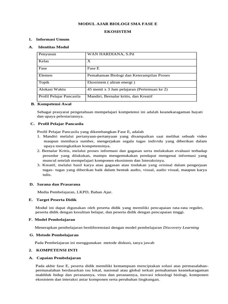 MODUL AJAR BIOLOGI SMA FASE E Ekosistem WAN HARDIANA Untuk PMM | PDF | Karier & Perkembangan ...