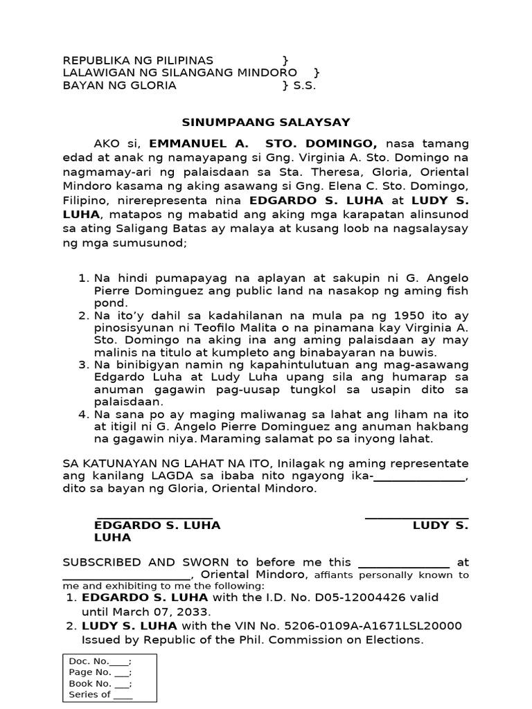 Sinumpaang Salaysay-, EMMANUEL A. STO. DOMINGO | PDF