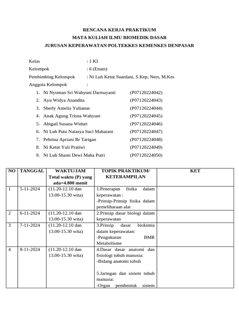 Rencana Praktikum Ilmu Biomedik 2024 | PDF
