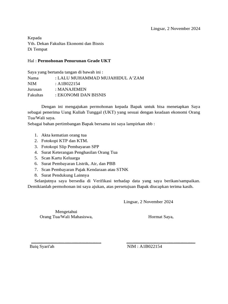 Surat Permohonan Banding Grade UKT FEB UNRAM 2024 | PDF | Pengelolaan Keuangan & Uang | Politik