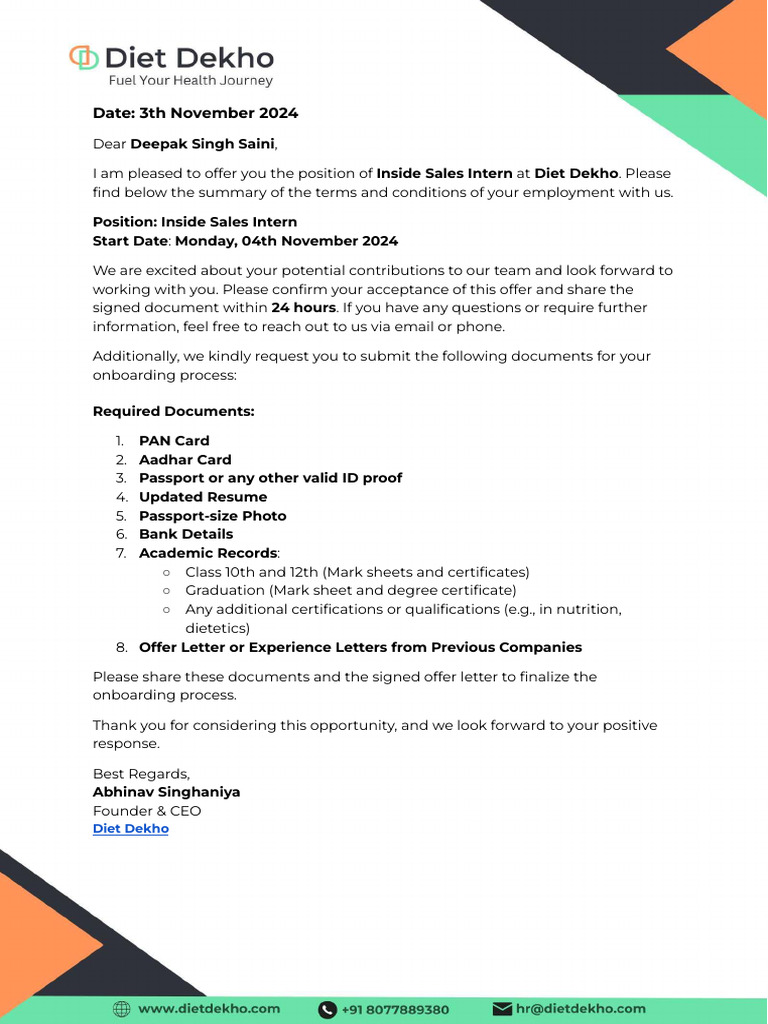 Internship Offer Letter-Deepak Singh Saini | PDF | Employment | Salary