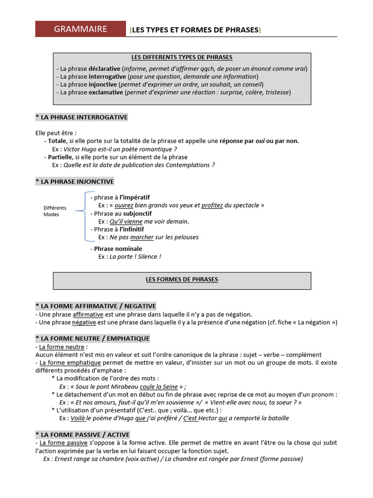 Fiches de révision grammaire bac français | PDF | Question | Phrase