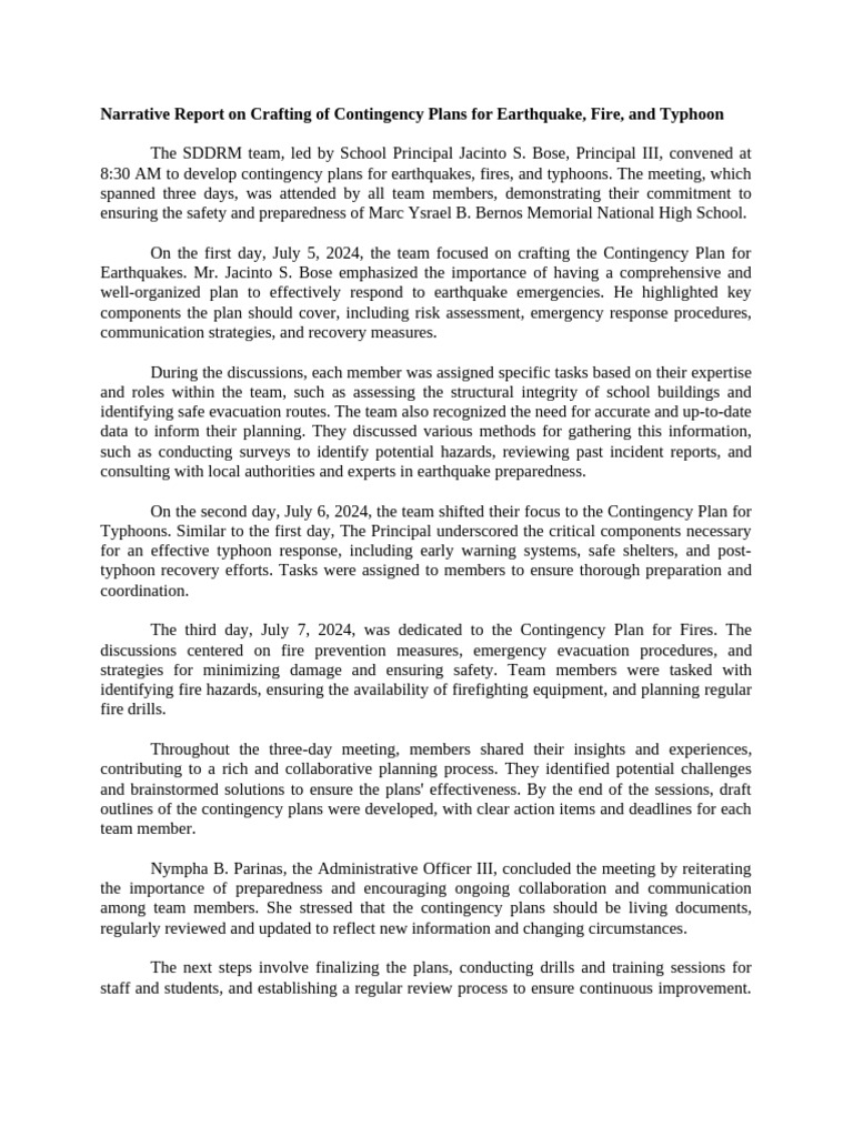 Narrative Report On Crafting of Contingency Plans For Earthquake | PDF ...