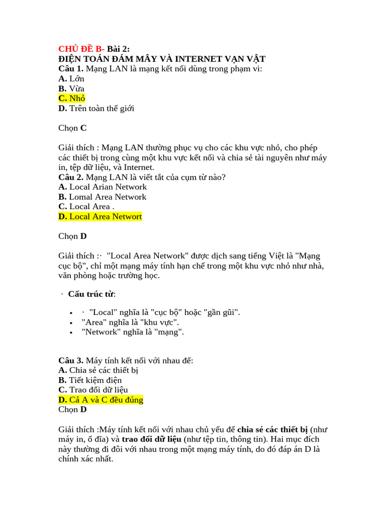 5 câu hỏi trắc nghiệm bài 2 chủ đề B, Trần Diệu Ánh Mi 10A4 | PDF