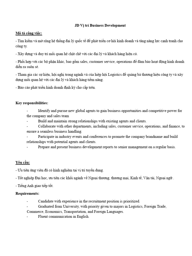 JD Vị trí Business Development | PDF