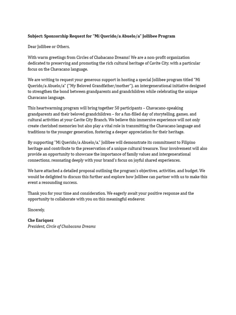 Solicitation and Budget Proposal Letter - CCOD X Jollibee | PDF | Grandparent