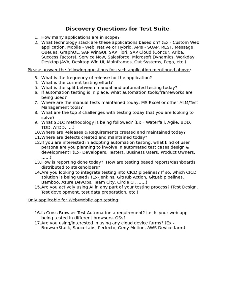 Discovery Questions For Test Suite | PDF