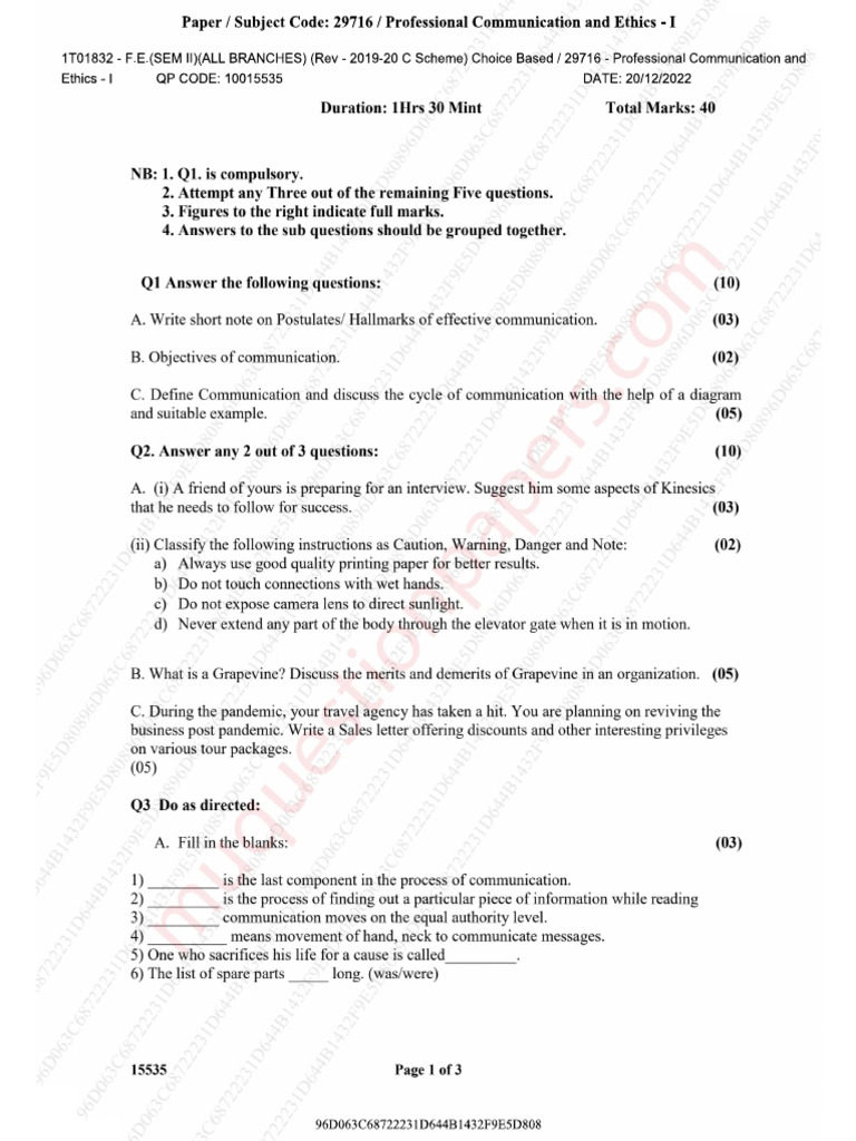 Be - First Year Engineering - Semester 2 - 2022 - December - Professional Communication and ...