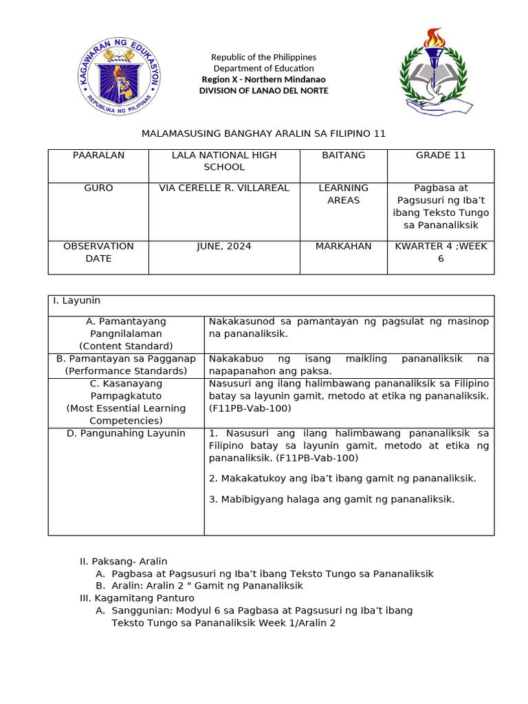 Malamasusing Banghay Aralin Sa Filipino 11 | PDF