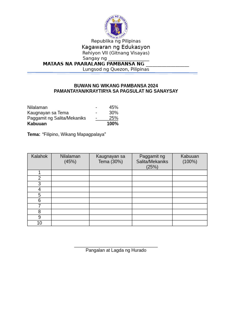 Pamantayan at Kraytirya Sa Iba't Ibang Patimpalak | PDF