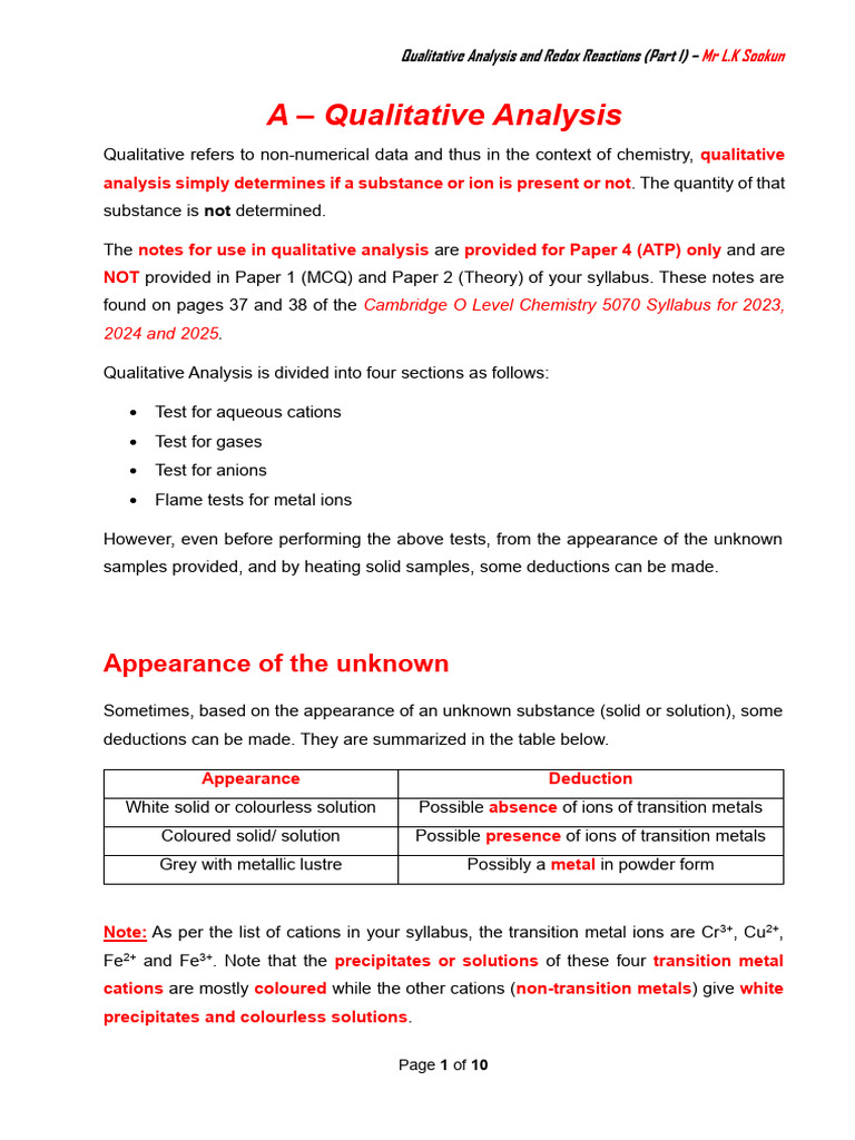 Grade 10 Qualitative Analysis and Redox Reactions - Part I | PDF ...