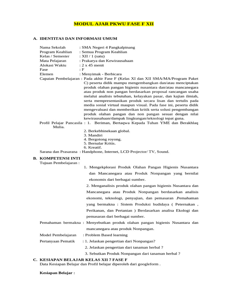 Modul Ajar Pkwu Fase F Xii | PDF