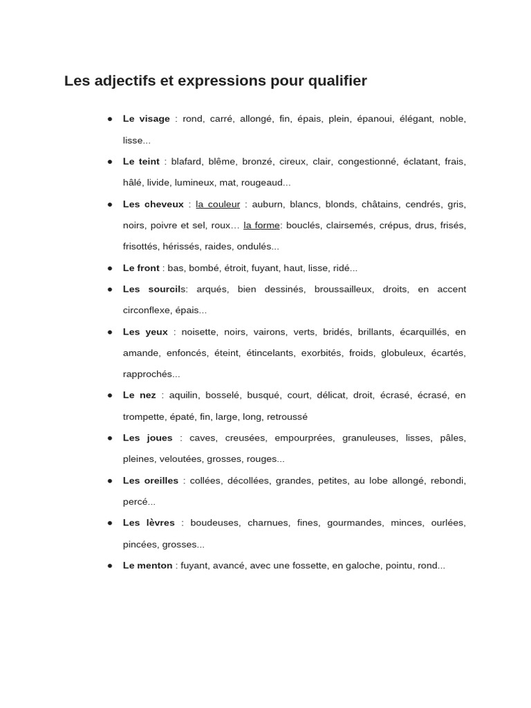 Adjectifs pour décrire un visage | PDF | Sports et loisirs | Maison et ...